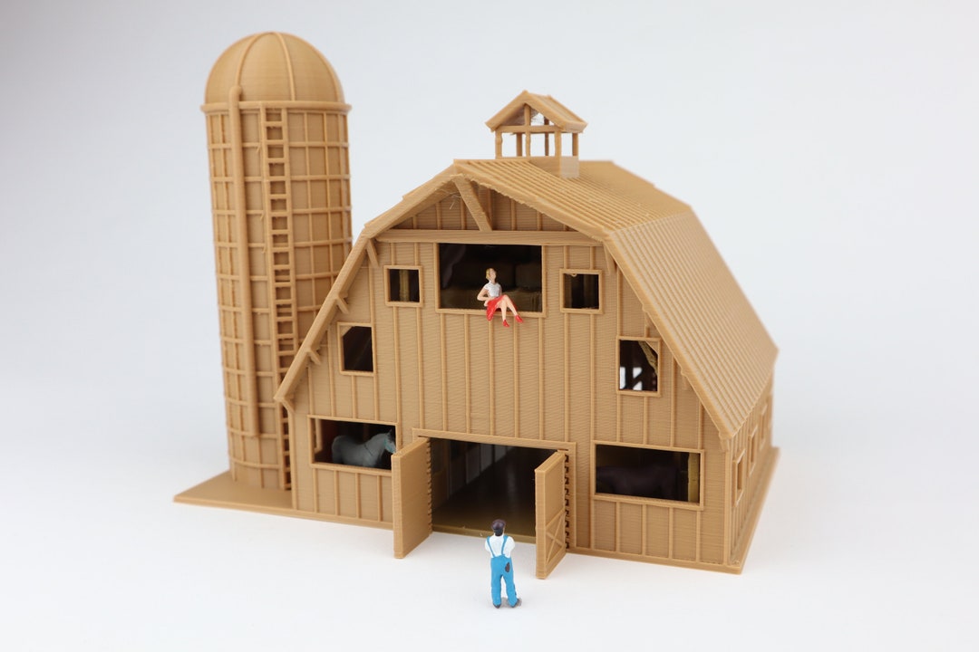 Miniature Ho-scale Wood Color Barn and Silo Old West Frontier Assembled ...