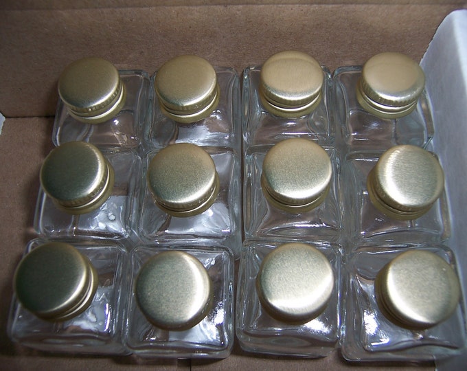 12 Small Square GLASS Bottles * 3x3 Cm With Gold Color Metal Screw-on ...