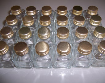 12 Small Square GLASS Bottles * 3x3 Cm With Gold Color Metal Screw-on ...
