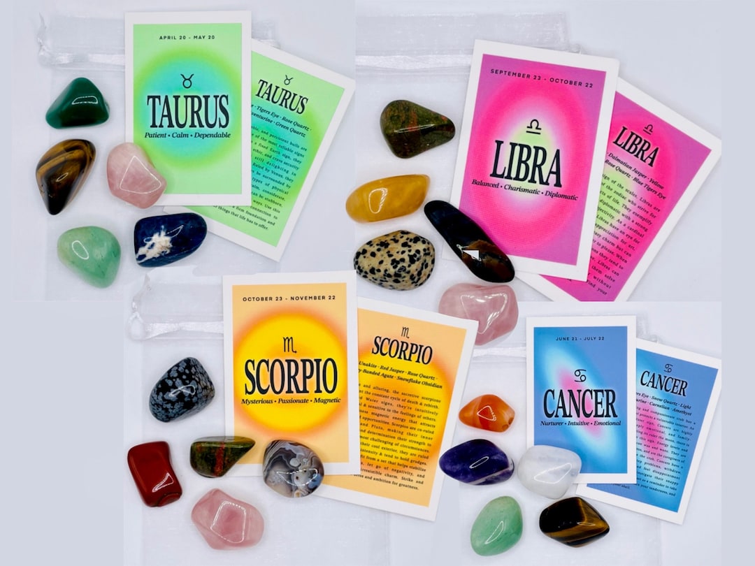 Zodiac Crystal Sets - 12 Zodiac Signs Tumbled Stone Gifts - Birthday ...