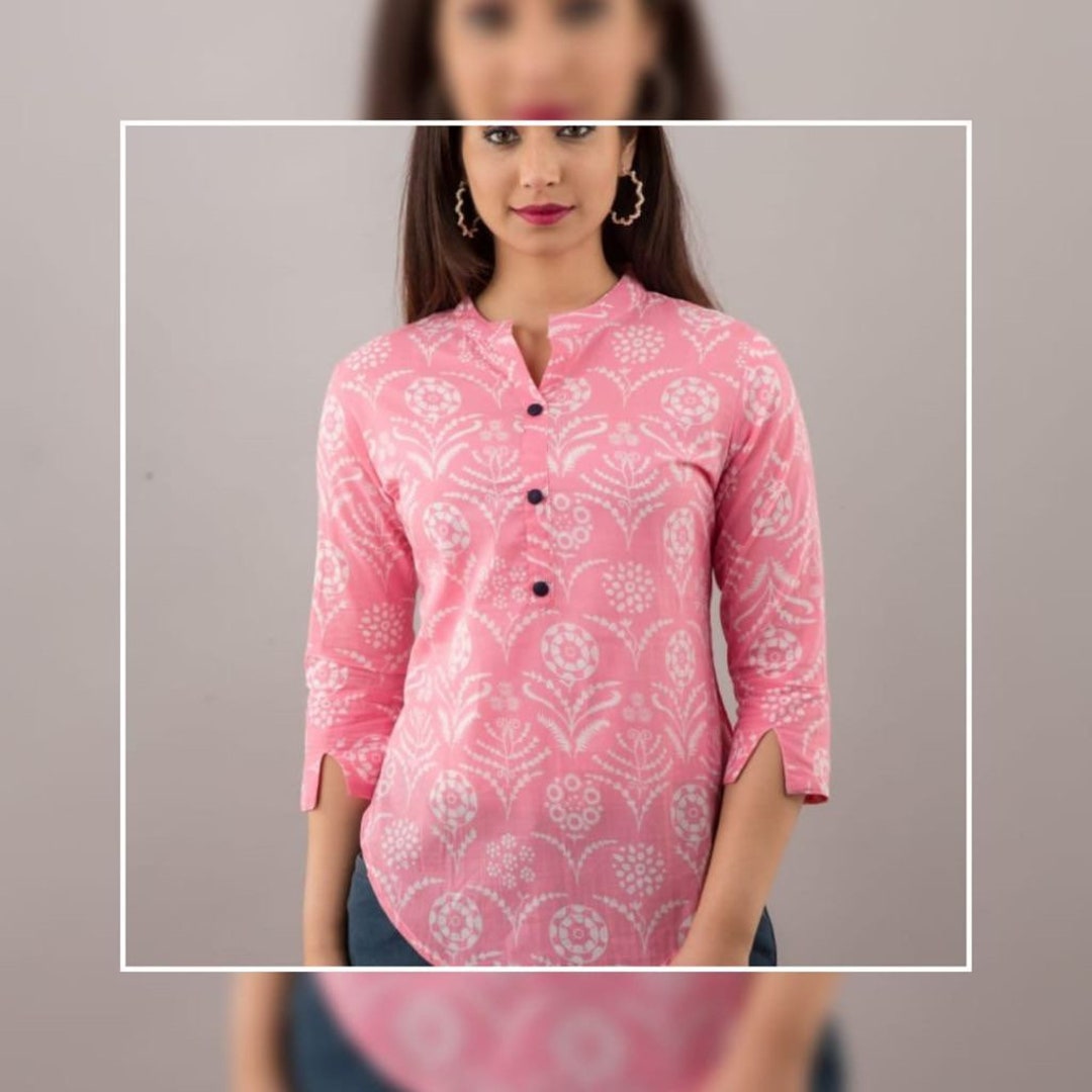 Baby Pink Tunic Cotton Print Shirts for Women Short Kurtis Cotton ...