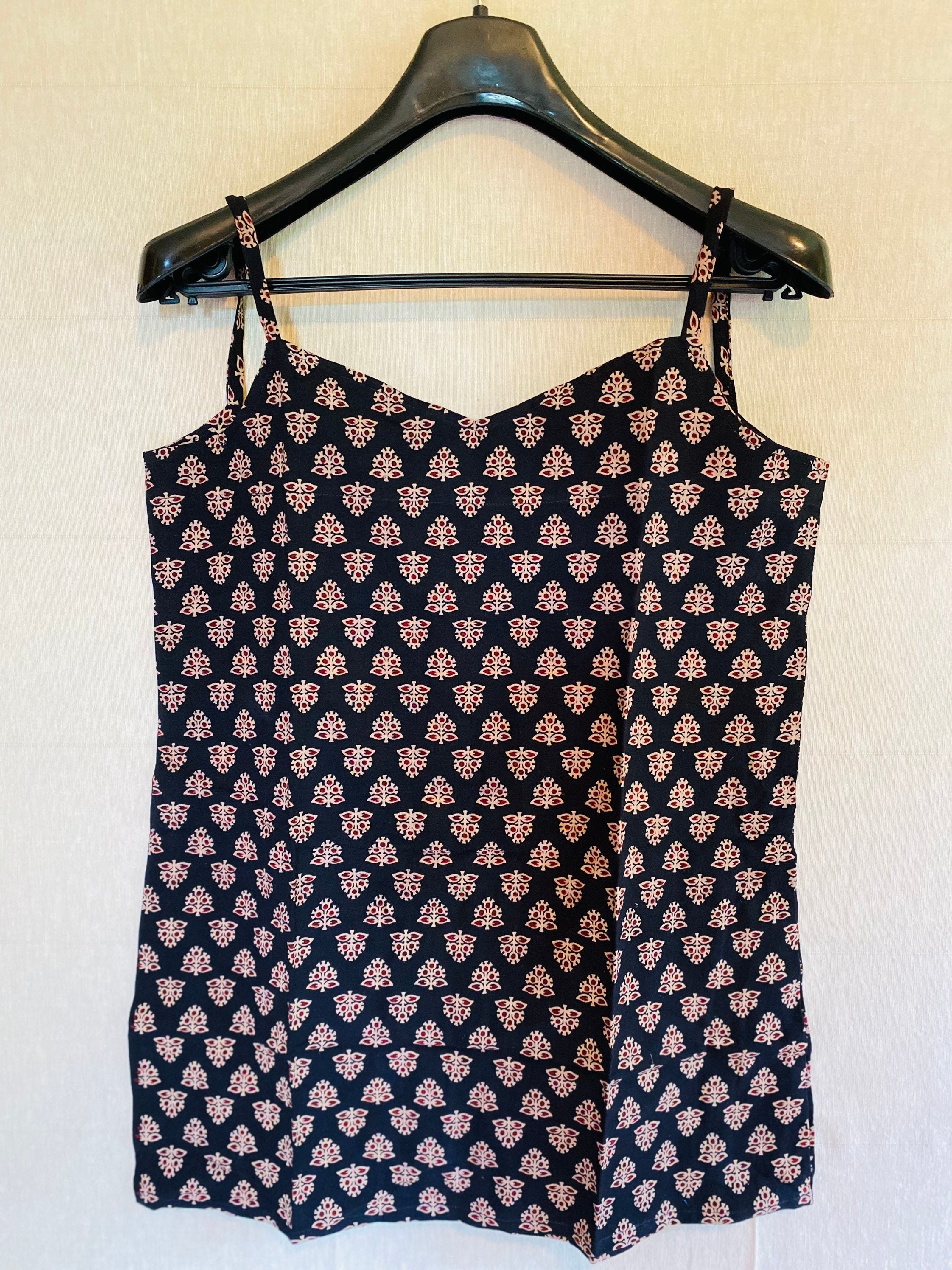 Black Hand Block Printed Summer Tanks Spaghetti Tops Women's Sleeveless ...