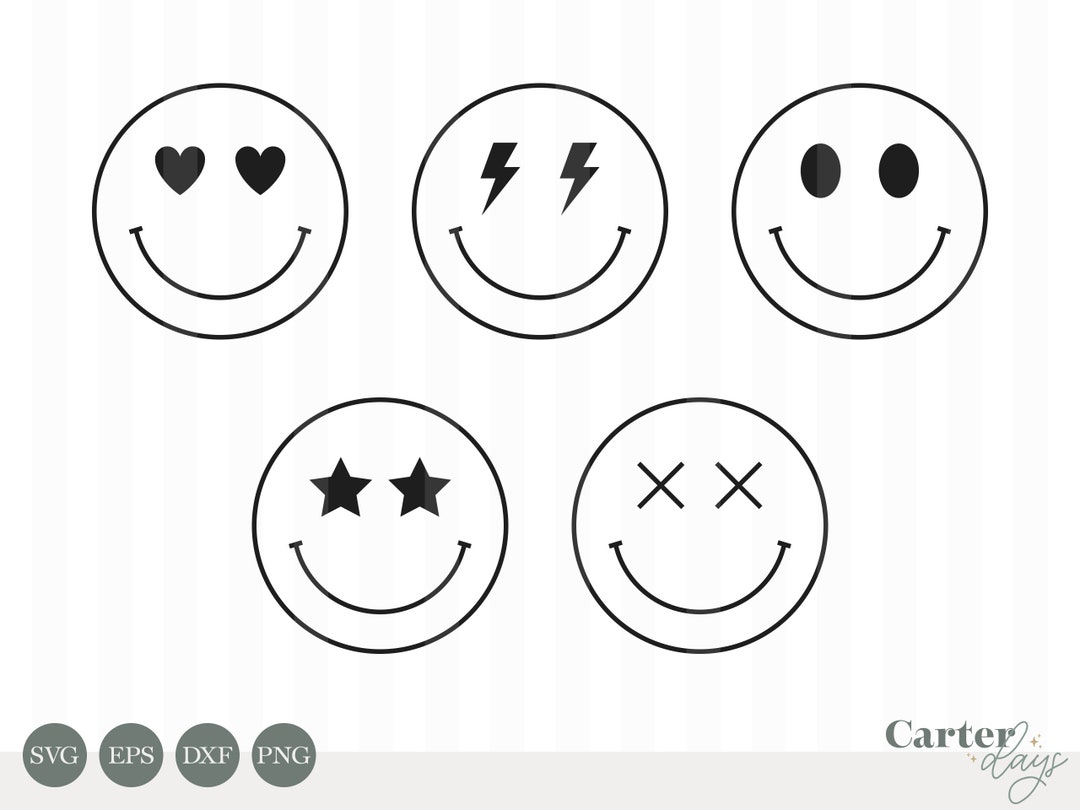 Smiley Face Bundle / Svg, Eps, Dxf & Png / Heart Lightning Star Cross ...