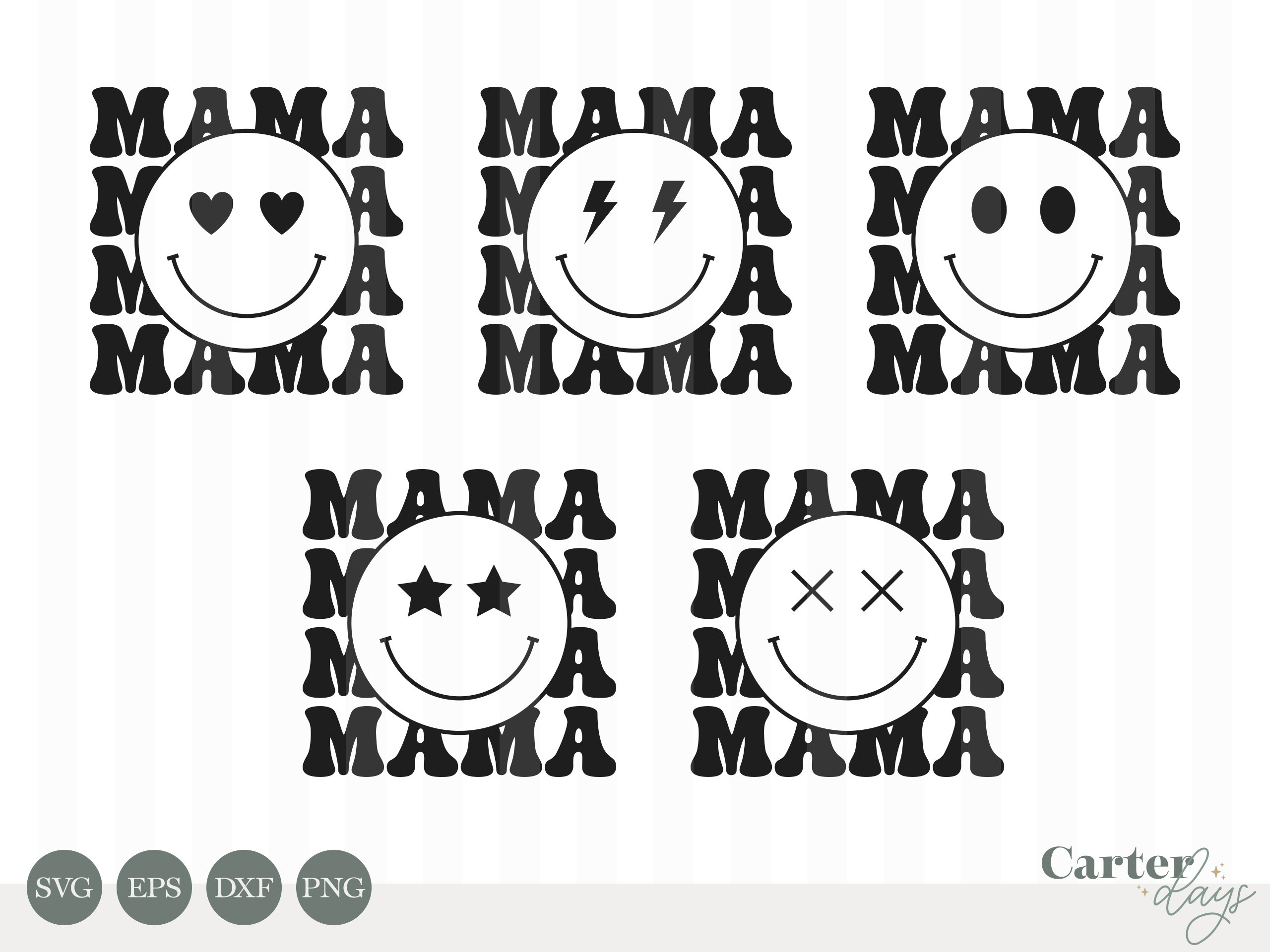 Mama Stack Smiley Face Bundle / Svg, Eps, Dxf & Png / Lightning Star ...