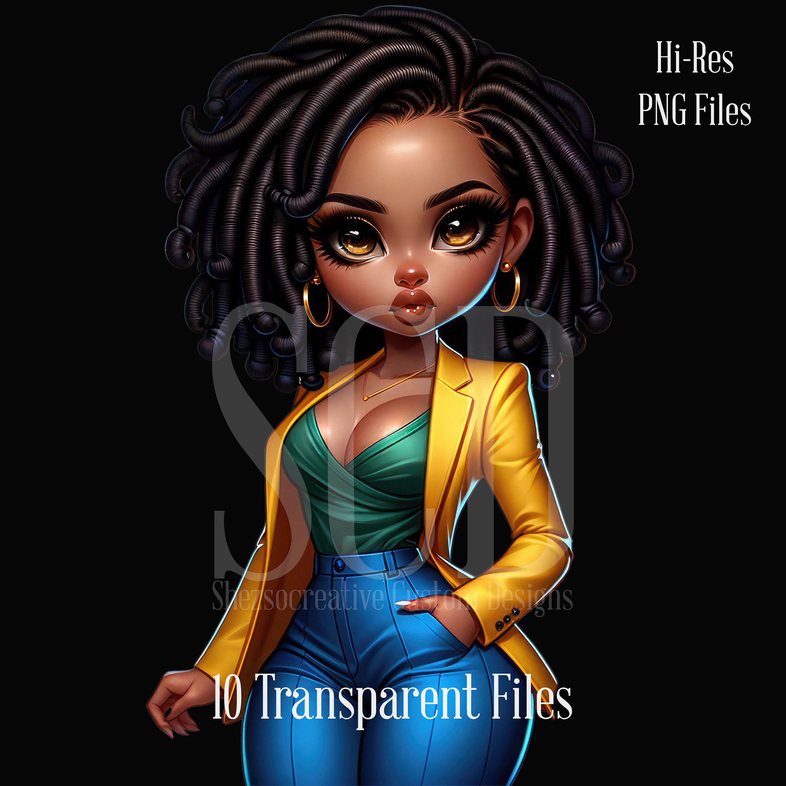 10 African American Art Chibi Woman With Dreadlocks, Yellow Blazer With ...