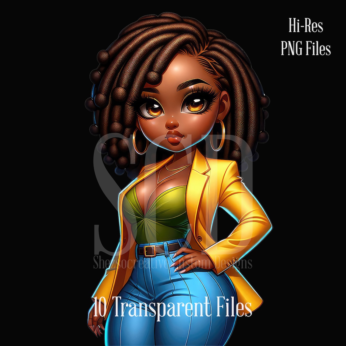 10 African American Art Chibi Woman With Dreadlocks, Yellow Blazer With ...
