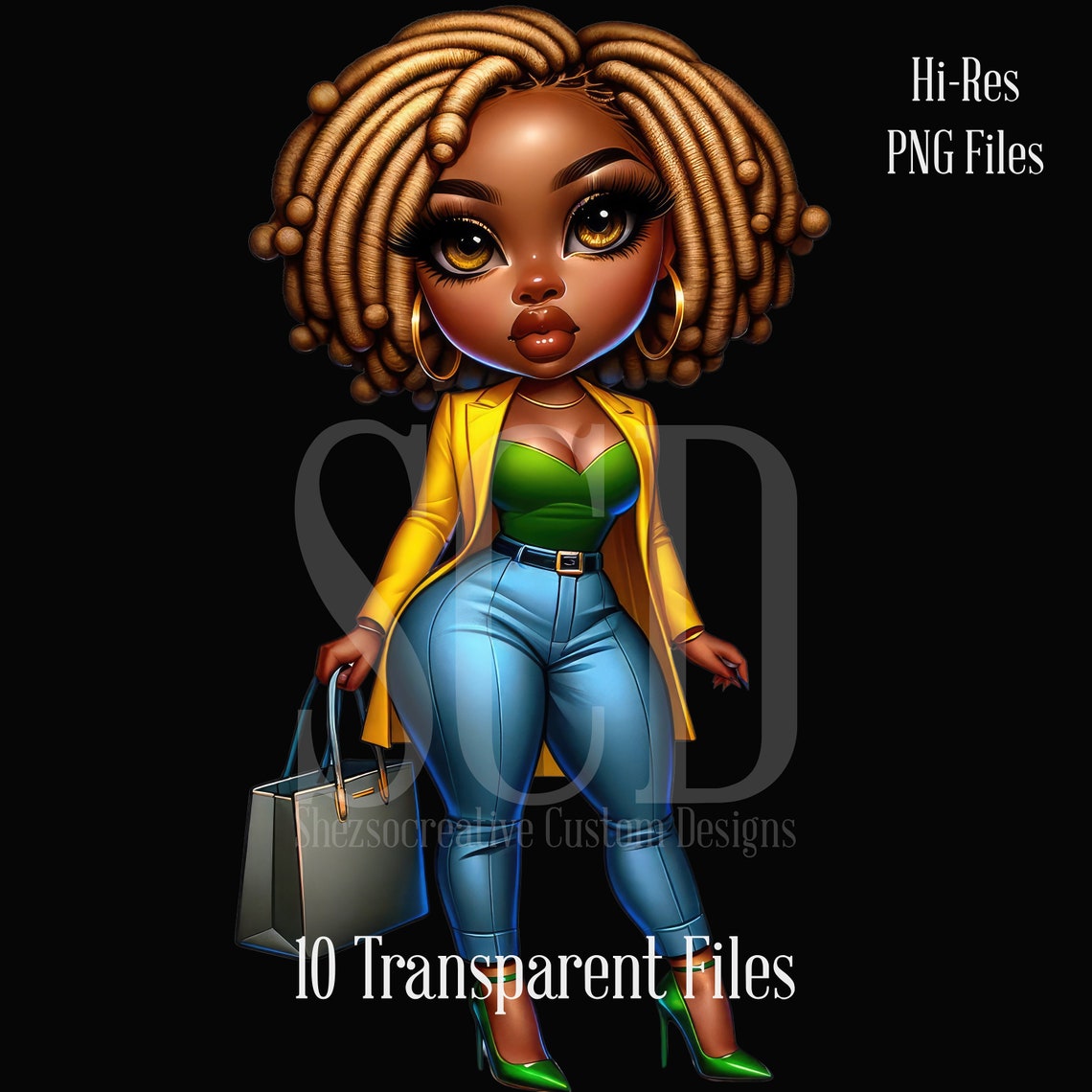 10 African American Art Chibi Woman With Dreadlocks, Yellow Blazer With ...