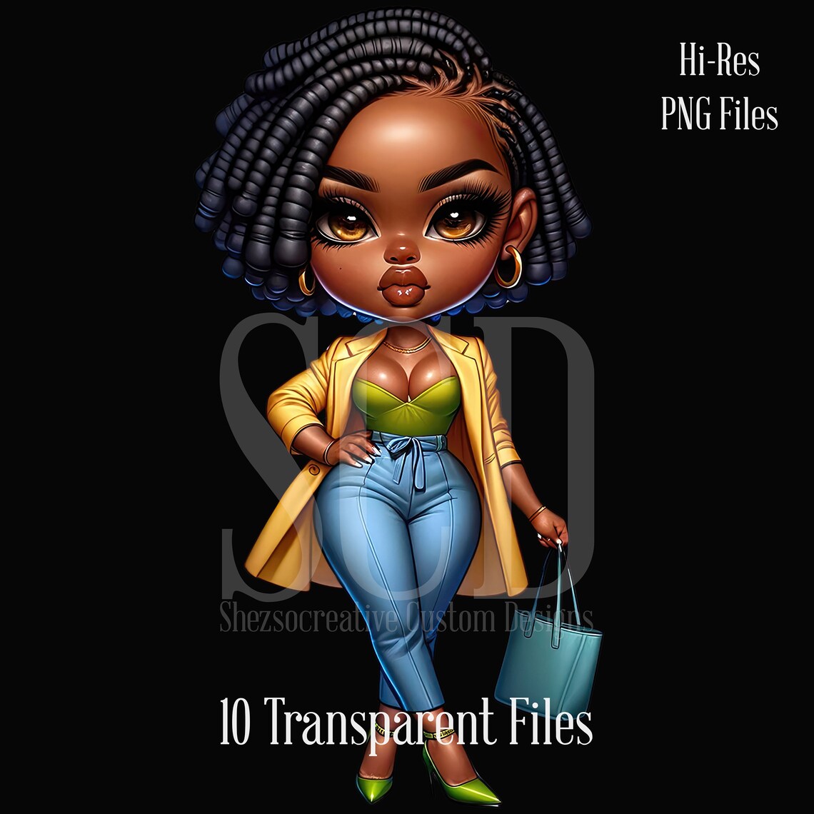 10 African American Art Chibi Woman With Dreadlocks, Yellow Blazer With ...