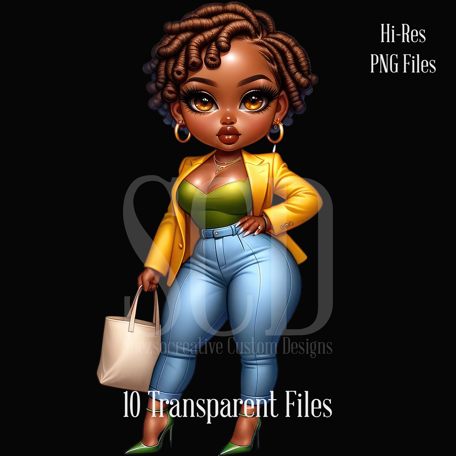 10 African American Art Chibi Woman With Dreadlocks, Yellow Blazer With ...