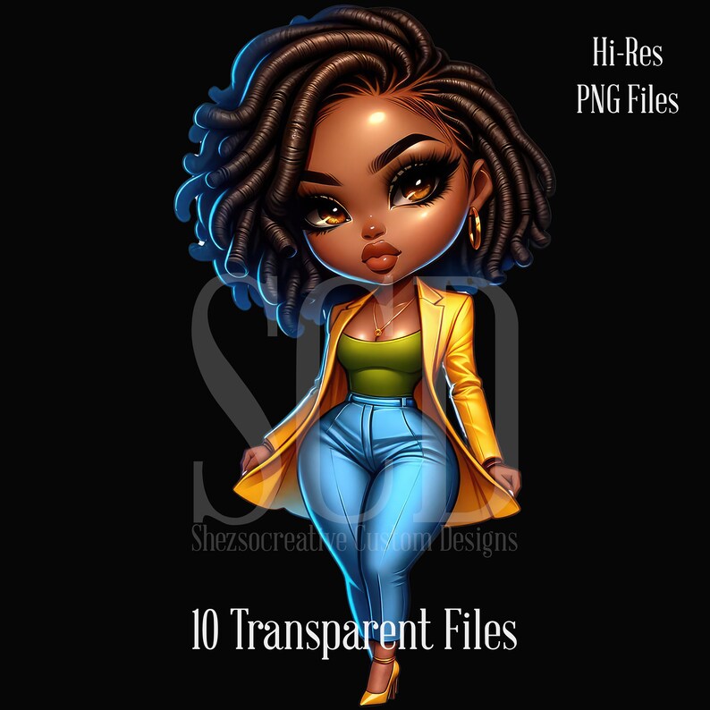 10 African American Art Chibi Woman With Dreadlocks, Yellow Blazer With ...