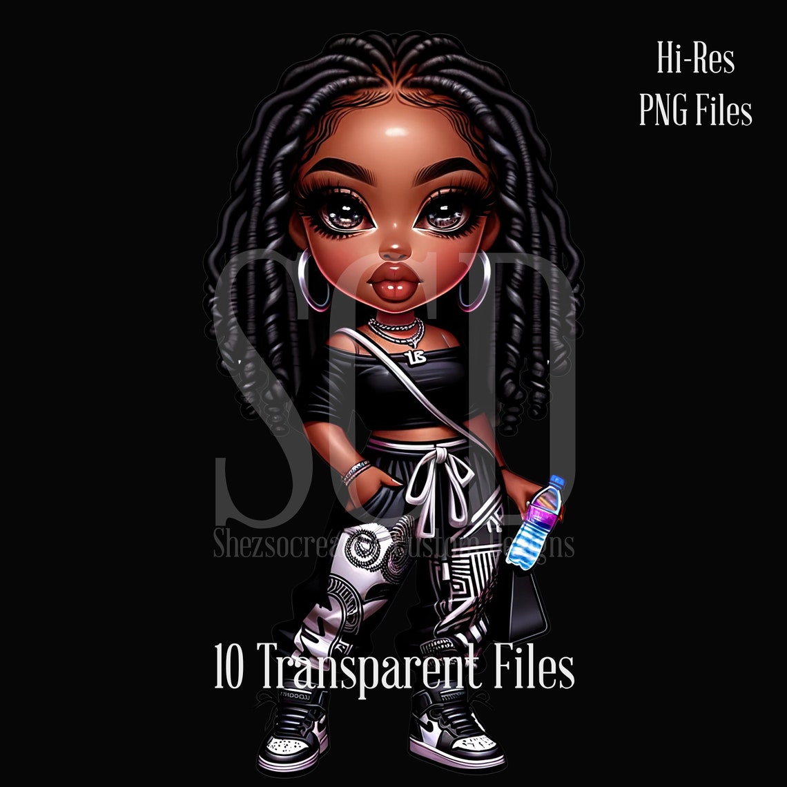 10 African American Chibi Woman With Dreadlocks, Black Crop Top and ...