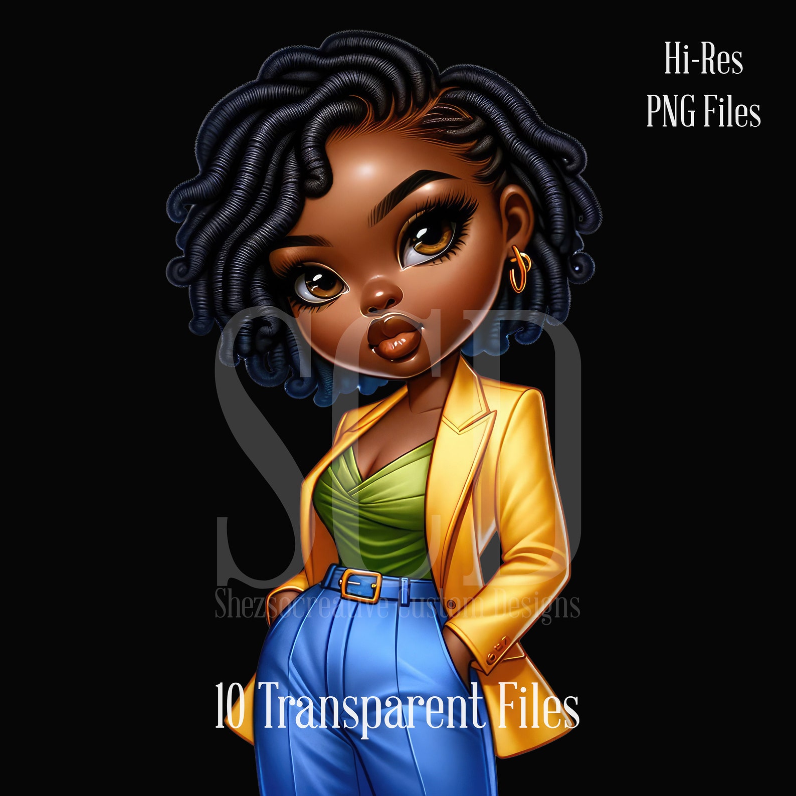 10 African American Art Chibi Woman With Dreadlocks, Yellow Blazer With ...