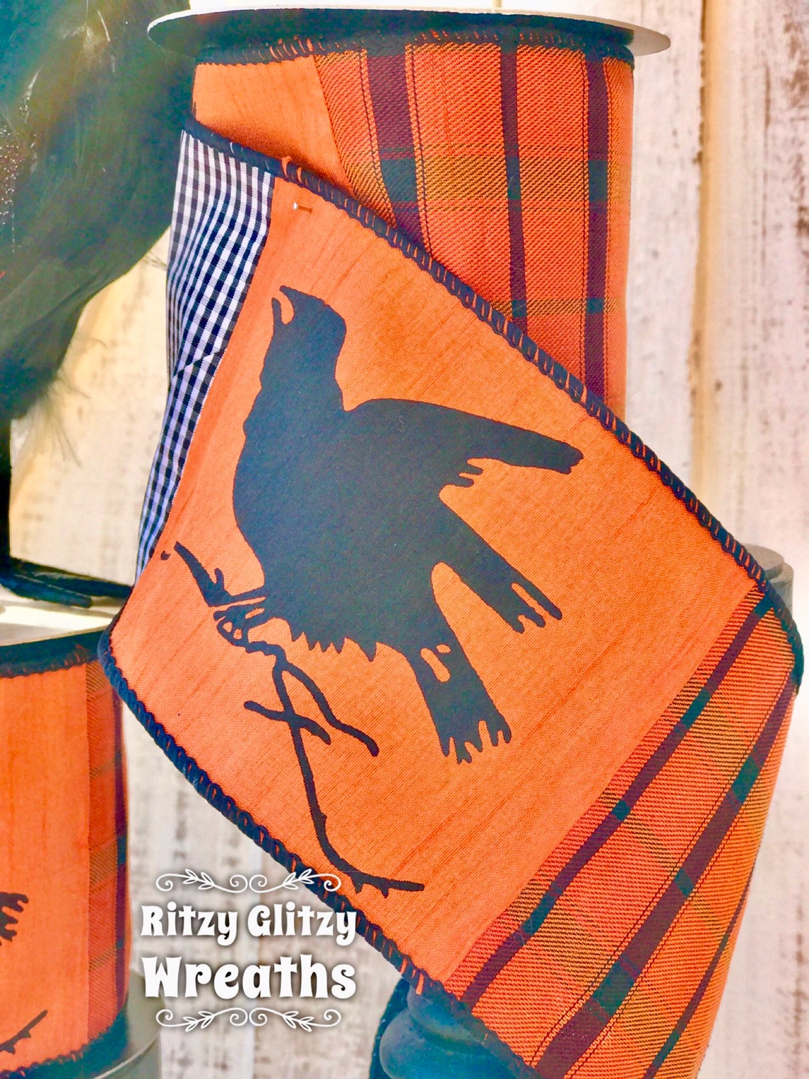 D. Stevens Raven Ribbon Gingham Check Ribbons, Fall Crow Ribbon, Crow ...
