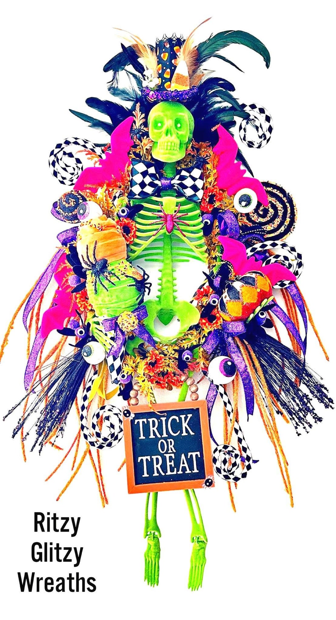 Halloween Skeleton Wreath, Mr Bones Decor With LED Eyes, Green Skeleton ...