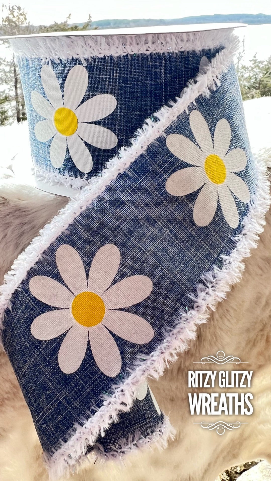 Denim Daisy Flower Wired Ribbon, White Border Wired Denim Spring Summer ...