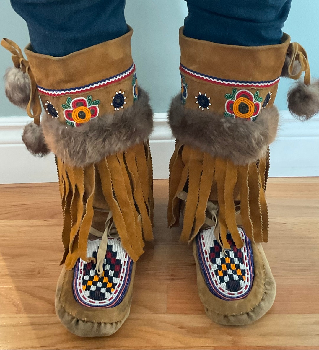Vintage Canadian Indigenous Moose Hide Fringed Beaded Mukluks Tall ...