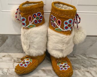 Vintage Canadian Indigenous Hand Made Beaded Rabbit Fur Moose Hide Tall ...