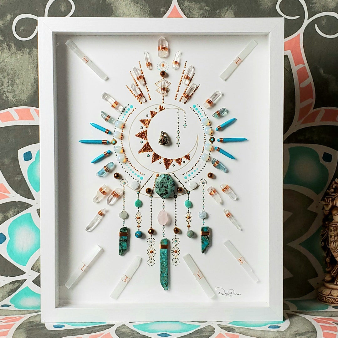 Moon Art, Moon Phases, Crystal Art, Framed Crystal Grid, Healing Art ...