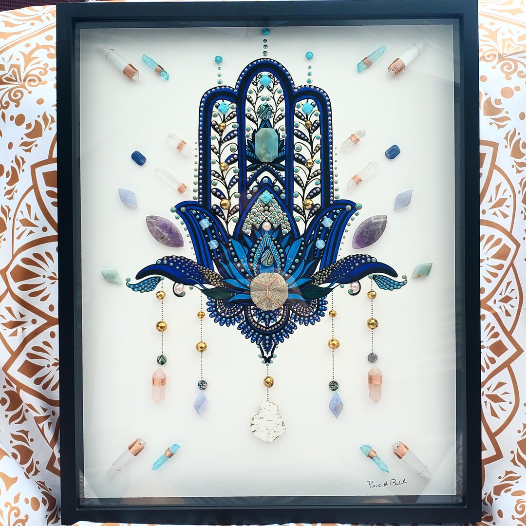 Hamsa Art, Hand of Fatima, Crystal Art, Framed Crystal Grid, Hand of ...