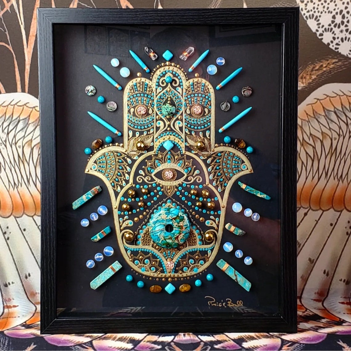 Hamsa Art, Hand of Fatima, Crystal Art, Framed Crystal Grid, Healing ...