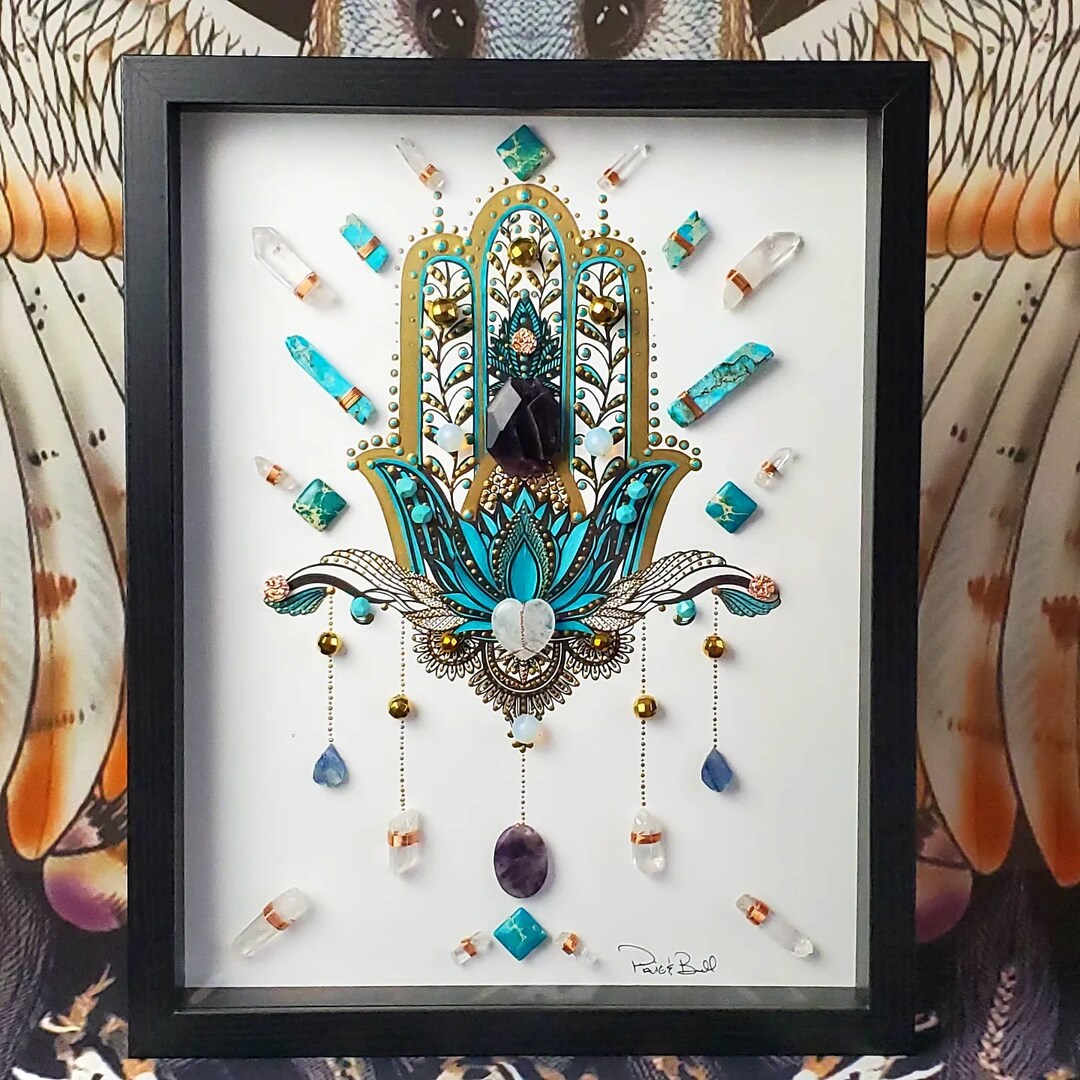 Hamsa Art, Hand of Fatima, Crystal Art, Framed Crystal Grid, Healing ...