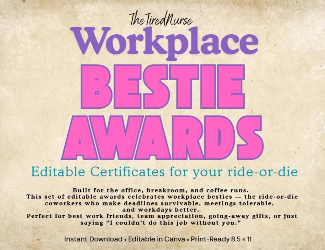Workplace Bestie Awards | 12 Editable Funny Awards for Work-wife ...