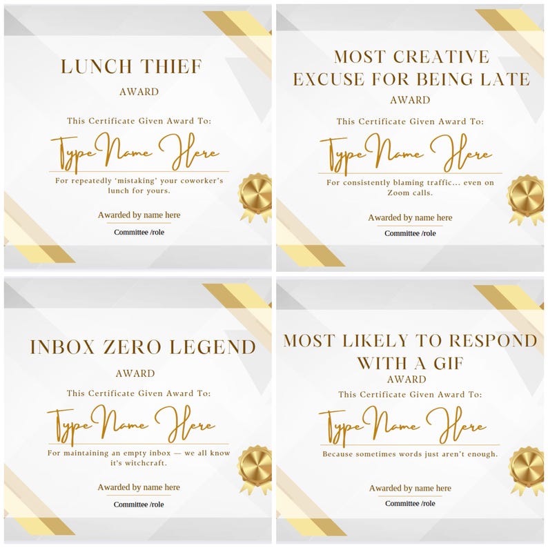 Workplace Achievement Awards | 15 Editable Canva Templates | Funny ...