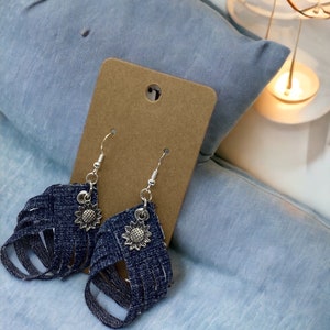 Dark Wash Denim Fringe Loops Earrings With Silver Metal Sunflower Charm ...