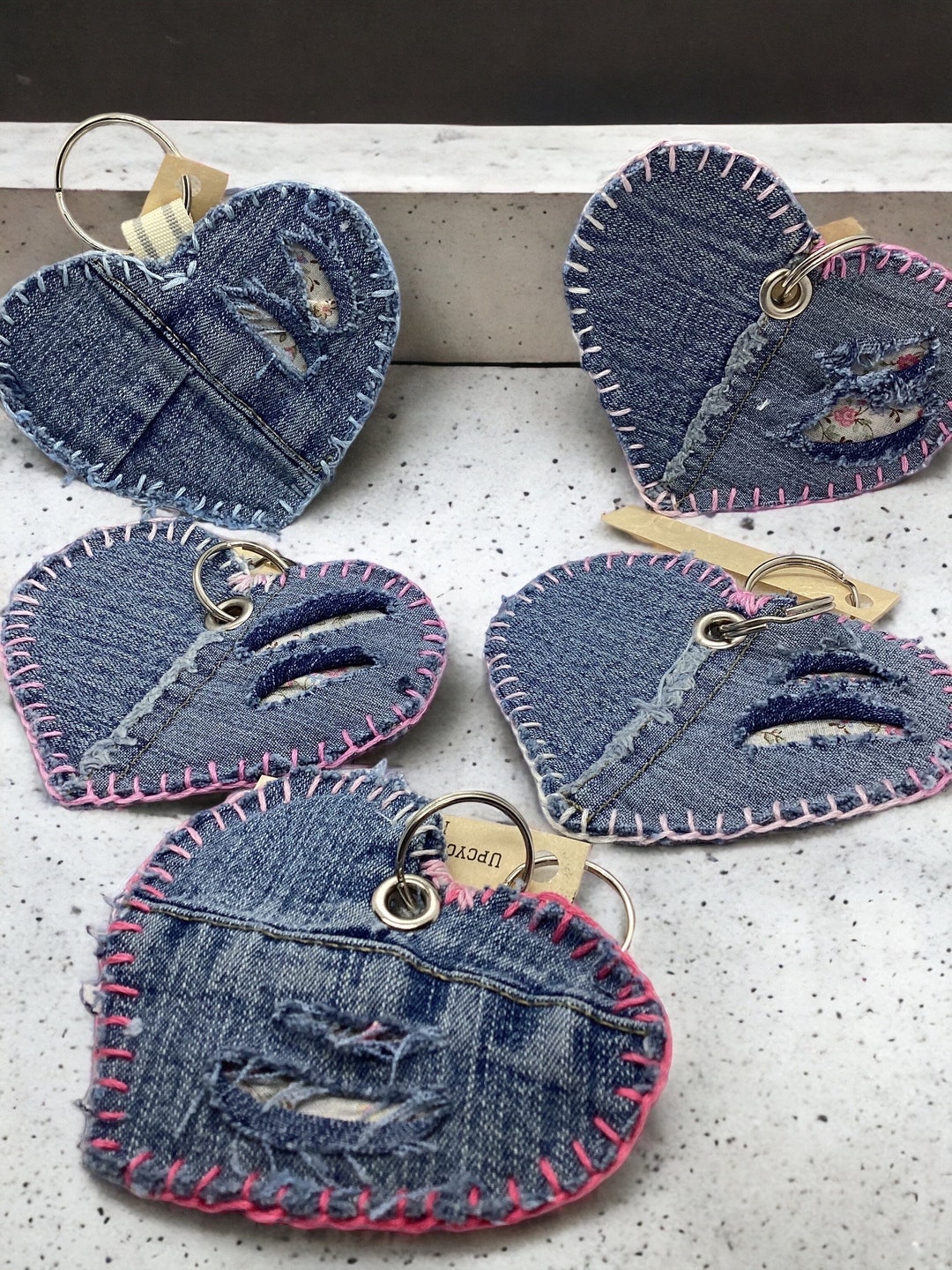 Handmade Heart-shaped Upcycled Vintage Denim Keychain Peek-a-boo Floral ...