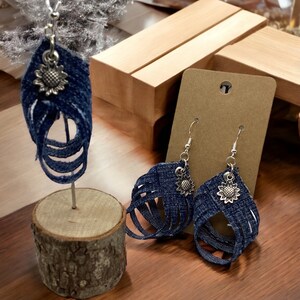 Dark Wash Denim Fringe Loops Earrings With Silver Metal Sunflower Charm ...