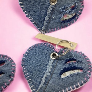 Handmade Heart-shaped Upcycled Vintage Denim Keychain Peek-a-boo Floral ...