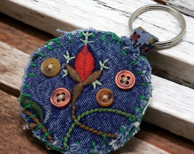 Upcycled Embroidered Vintage Denim Keychain With Red Flower and Vintage ...