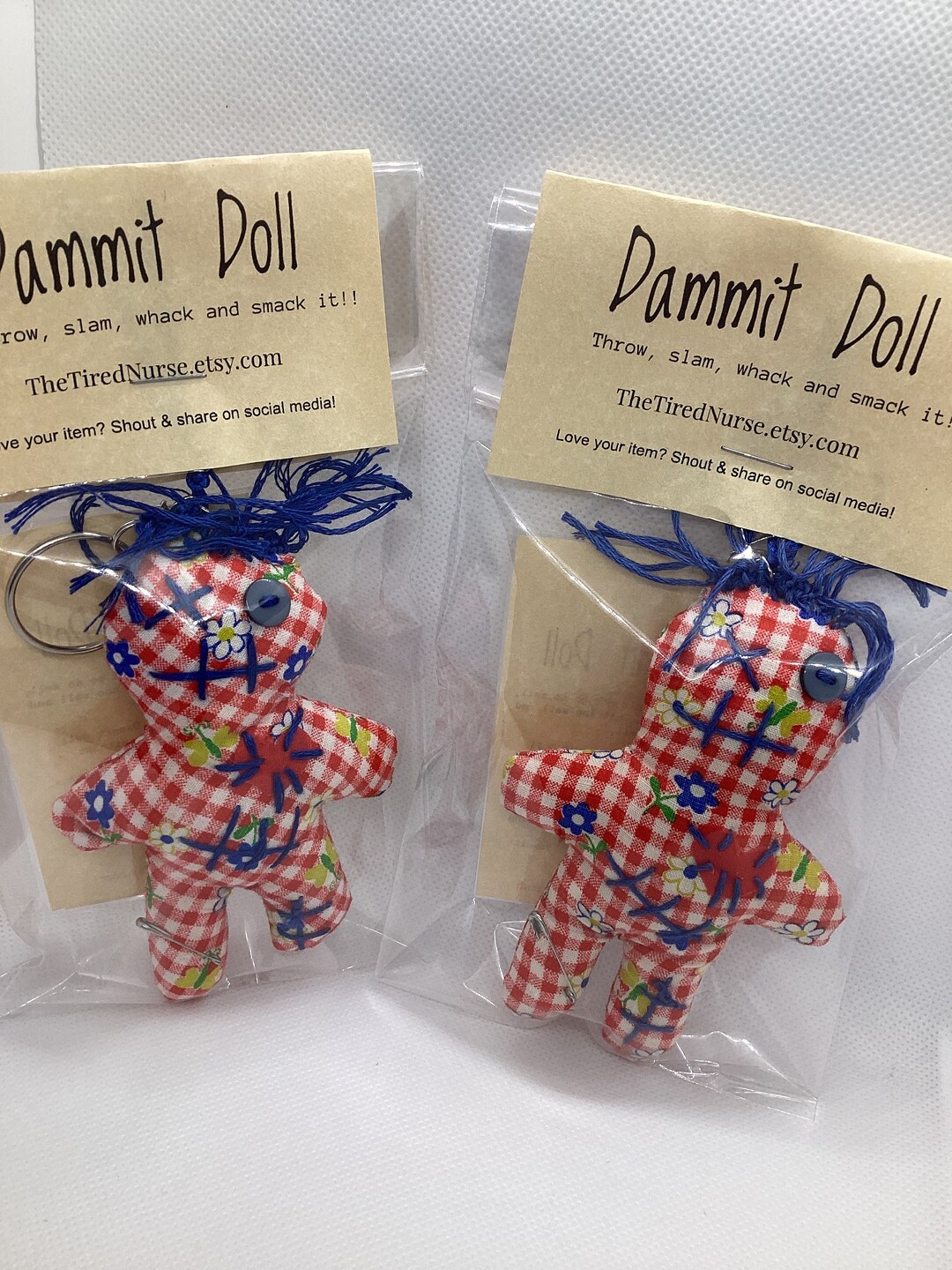 Dammit Doll Keychain Bag Tag Vintage Red & White Gingham With Floral - Etsy