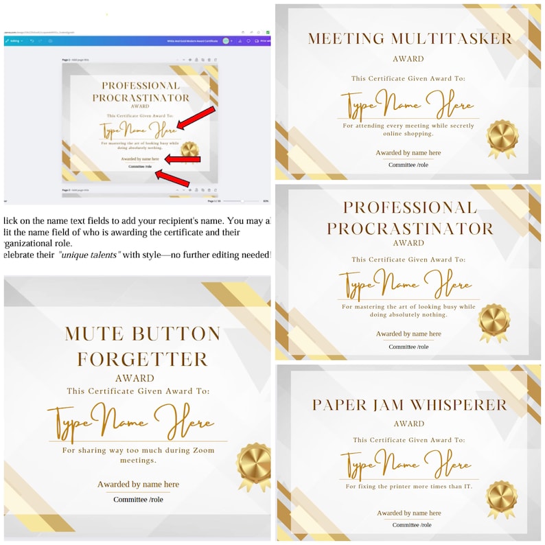 Workplace Achievement Awards | 15 Editable Canva Templates | Funny ...