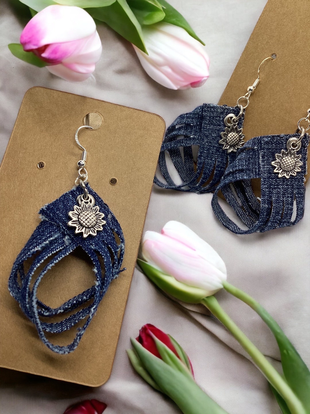 Dark Wash Denim Fringe Loops Earrings With Silver Metal Sunflower Charm ...