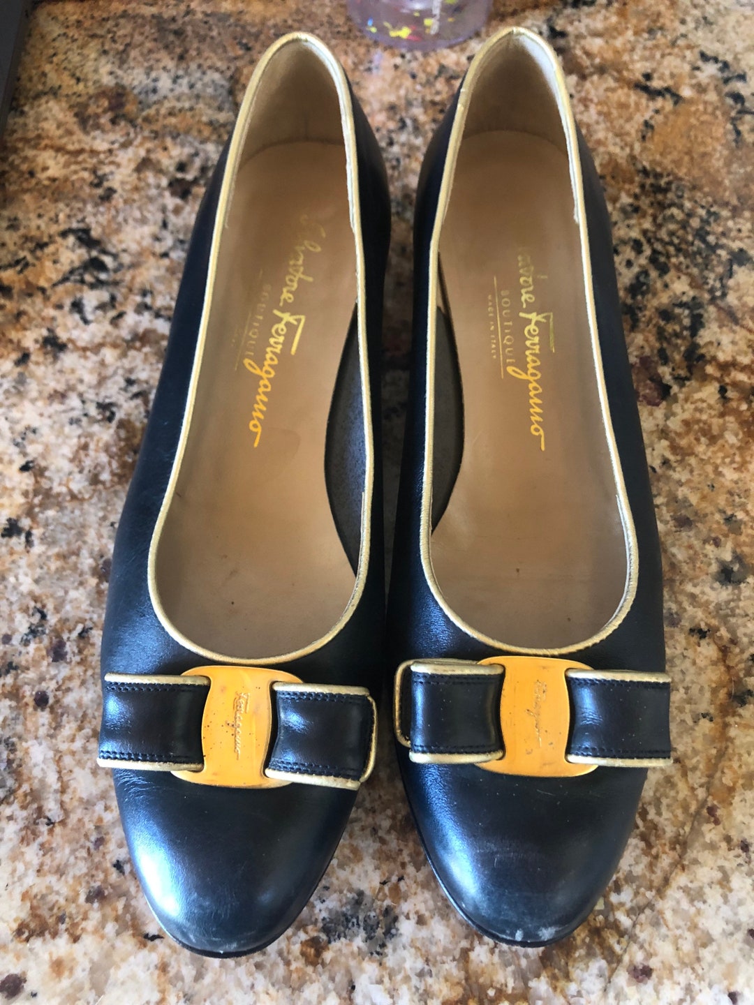 Salvatore Ferragamo Preowned Blue and Gold Leather Vara Low Heels. Made ...