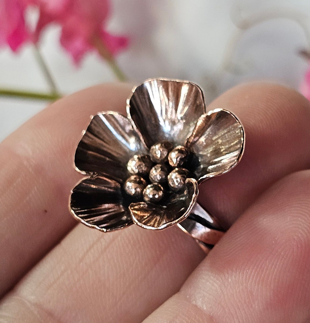 Hand Forged Copper Flower Ring Pure Copper Flower on a Twisted Copper ...