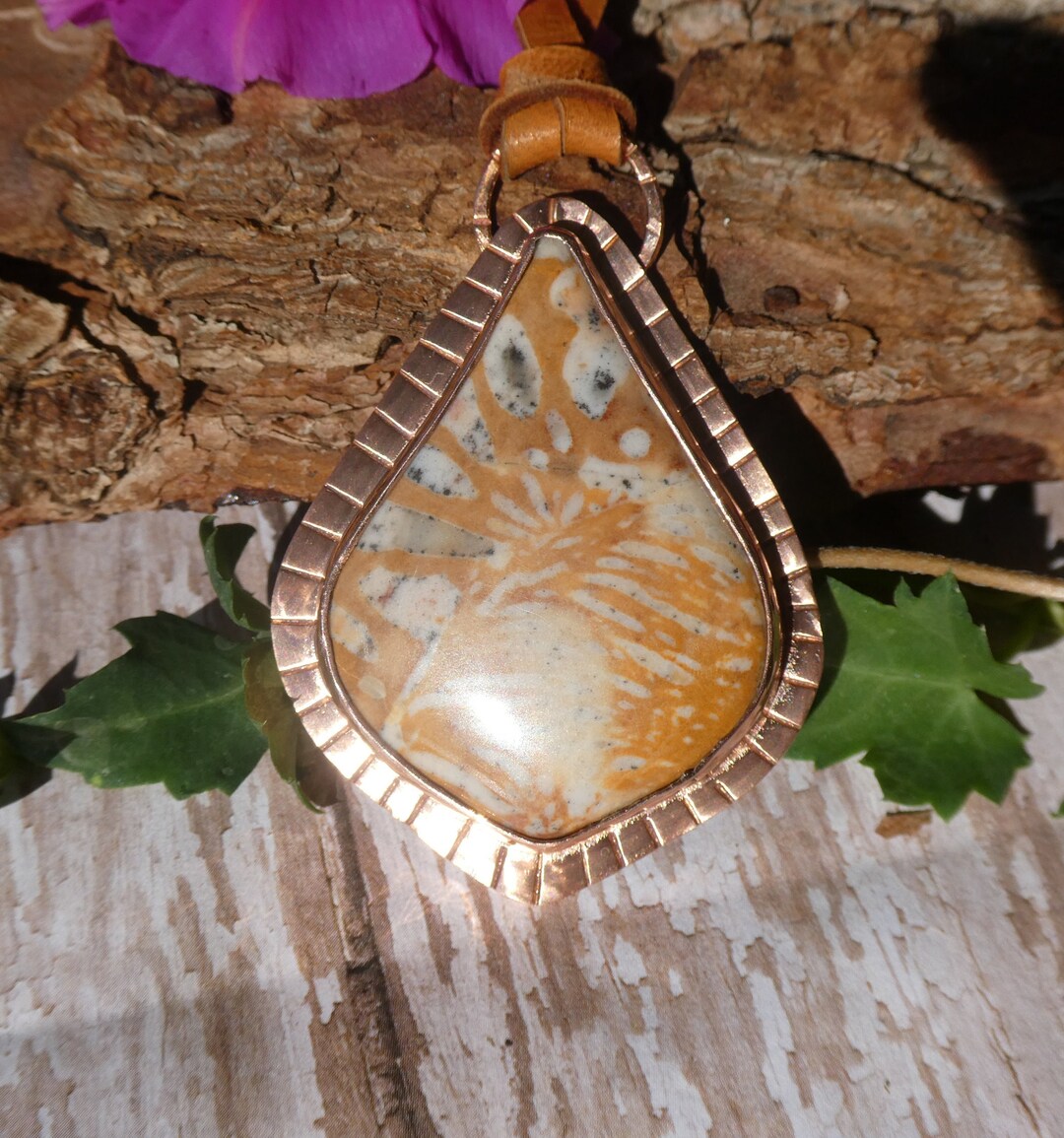 Fawn Stone Necklace in a Copper Leaf, 30" Leather Neckband, Gifts for ...