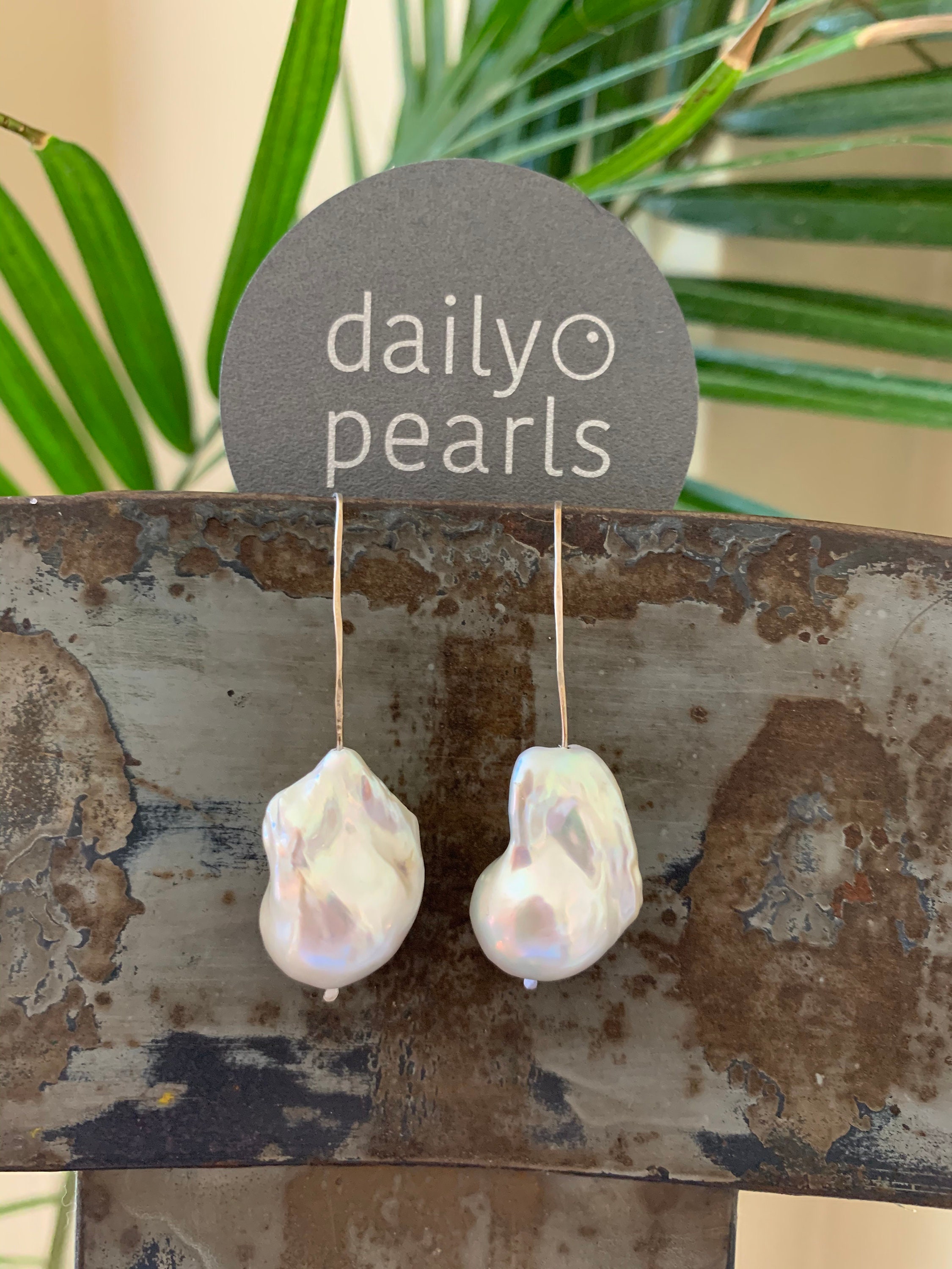 Large Baroque Pearl Drop Earrings In Sterling Silver White Fireball