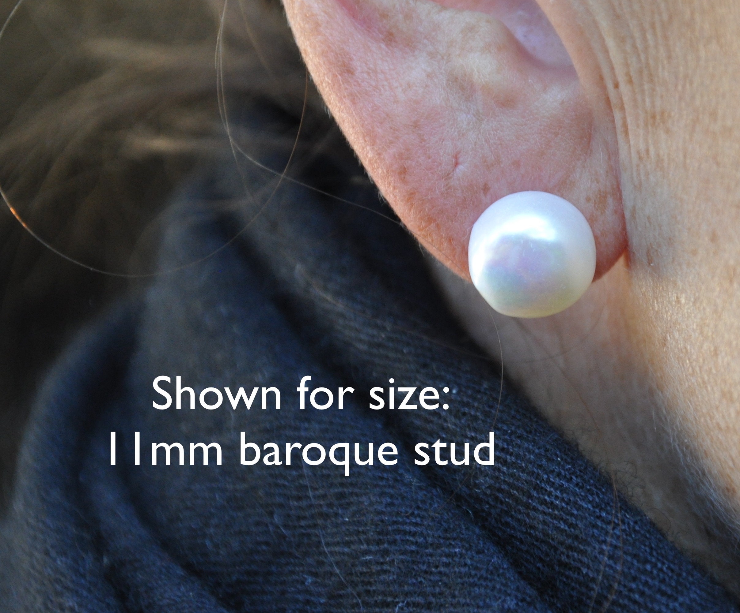 11mm Baroque Pearl Studs, Silver-White, Smooth and Elegant
