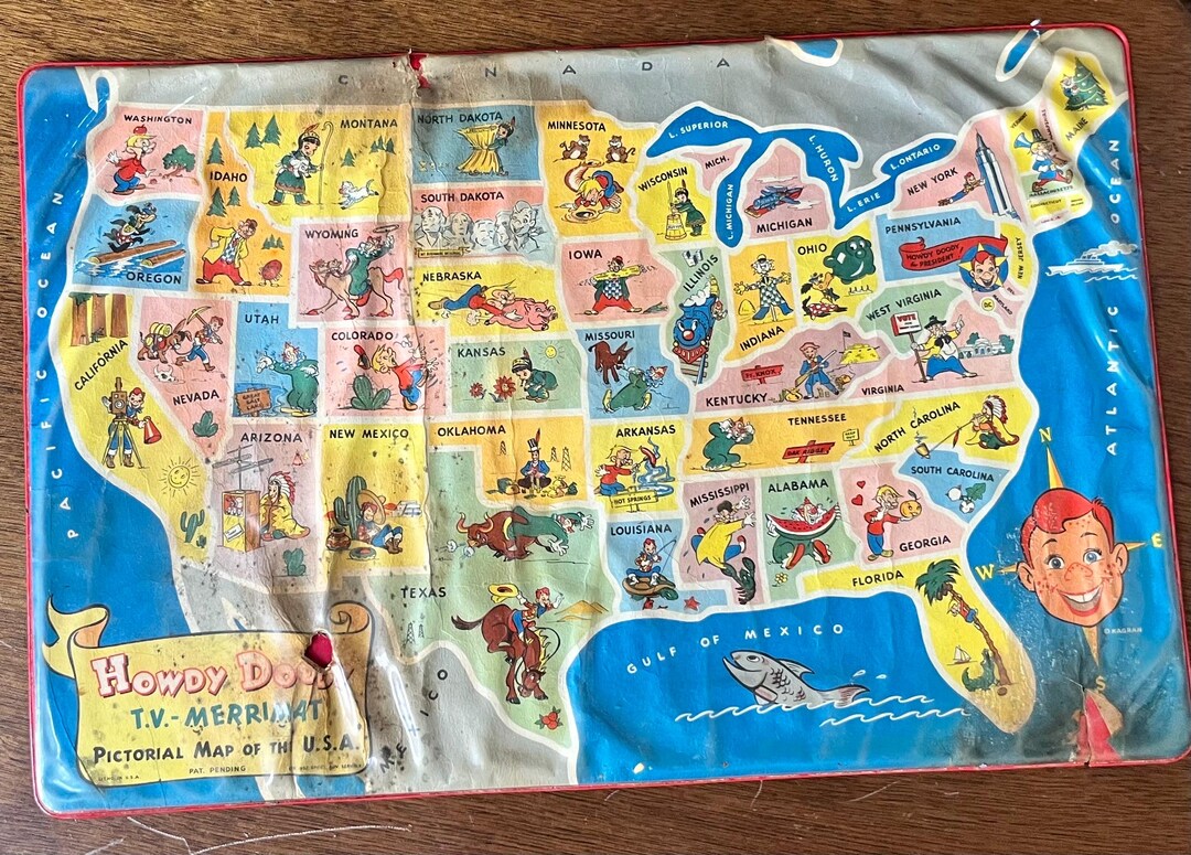 1952 Howdy Doody TV Merrimat Placemat USA Pictorial Map (rare Antique ...