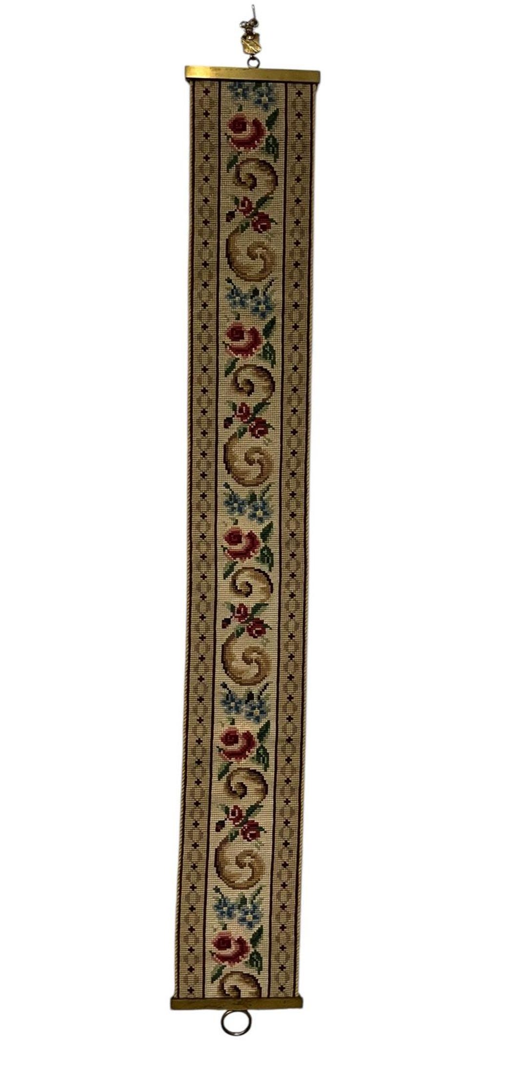 Vintage Needlepoint Floral Bell Pull Wall Hanging, Brass Hardware, 42 ...