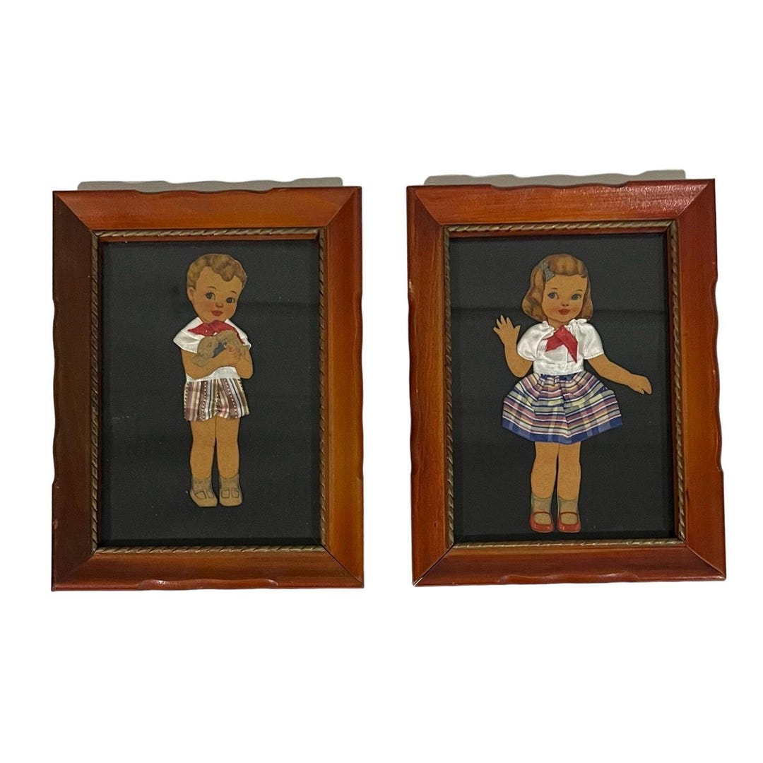 Vintage Framed Paper Dolls With Fabric Boy Girl Antique Pair Set - Etsy