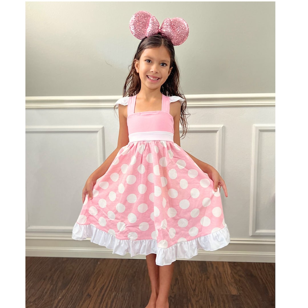 Minnie Dress, Pink Polka Dots Minnie Dress, Pink Polka Dot Cotton Dress, Minnie Birthday Dress ...
