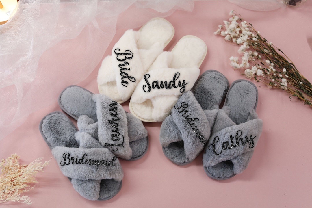 Custom Name Fluffy Slippers for Bridesmaid Personalized Gift for Best ...