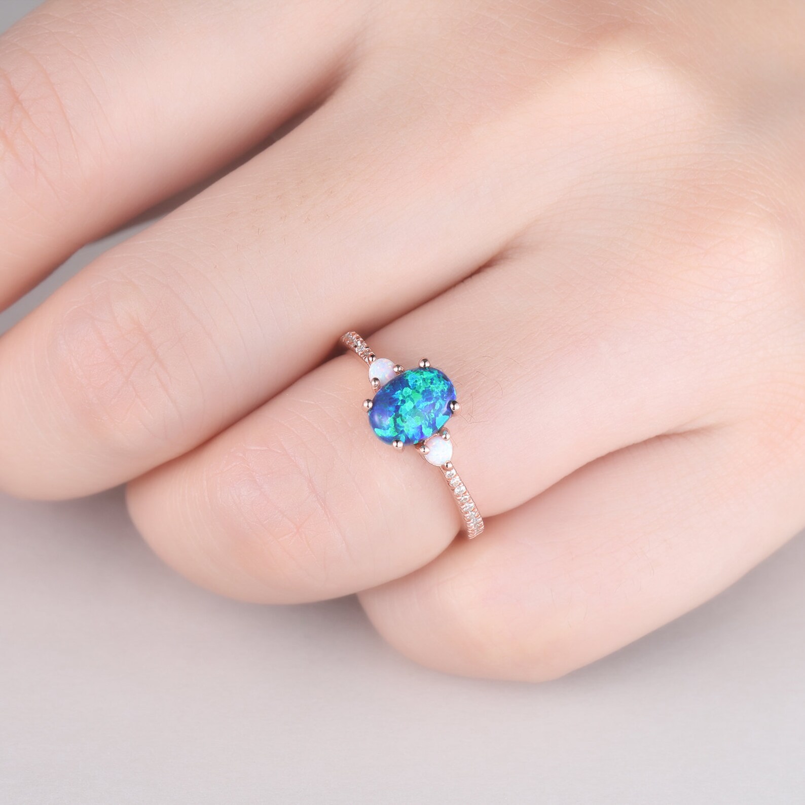 Opal Ring Blue Opal Engagement Ring 14K Rose Gold Ring | Etsy