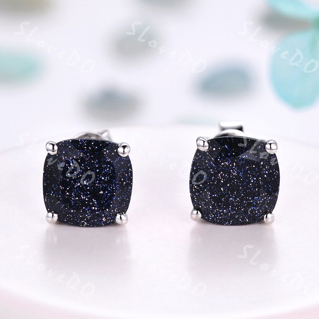 Handmade Blue Sandstone Stud Earrings,10mm Cushion Cut Galaxy Gemstone ...