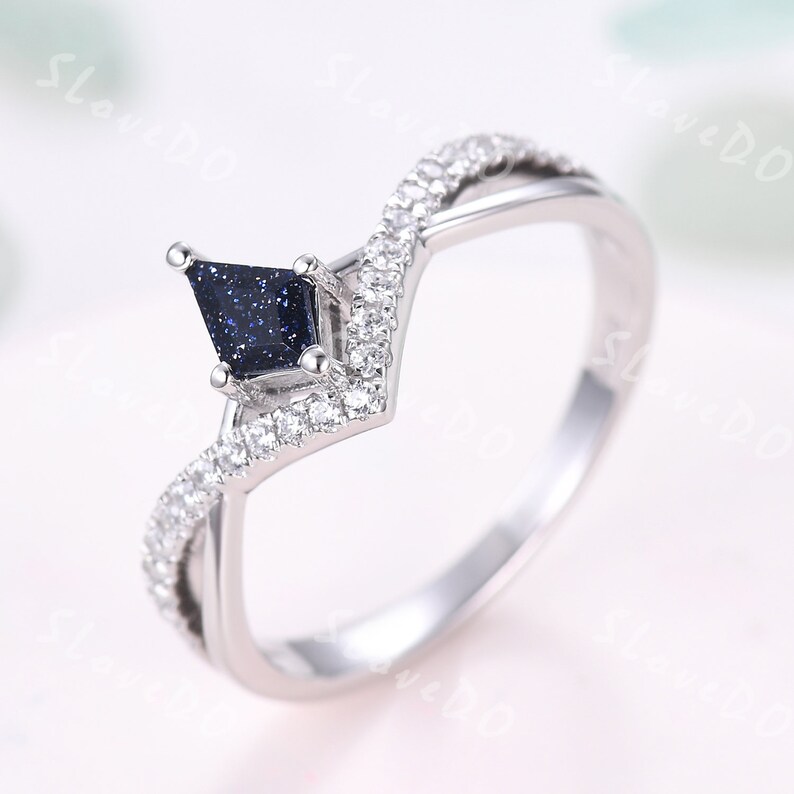 Kite Cut Blue Sandstone Engagement Ring Set: 14K White Gold Diamond ...