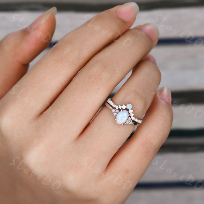 Oval White Fire Opal Engagement Ring Set: Diamond Eternity Band, 14K ...