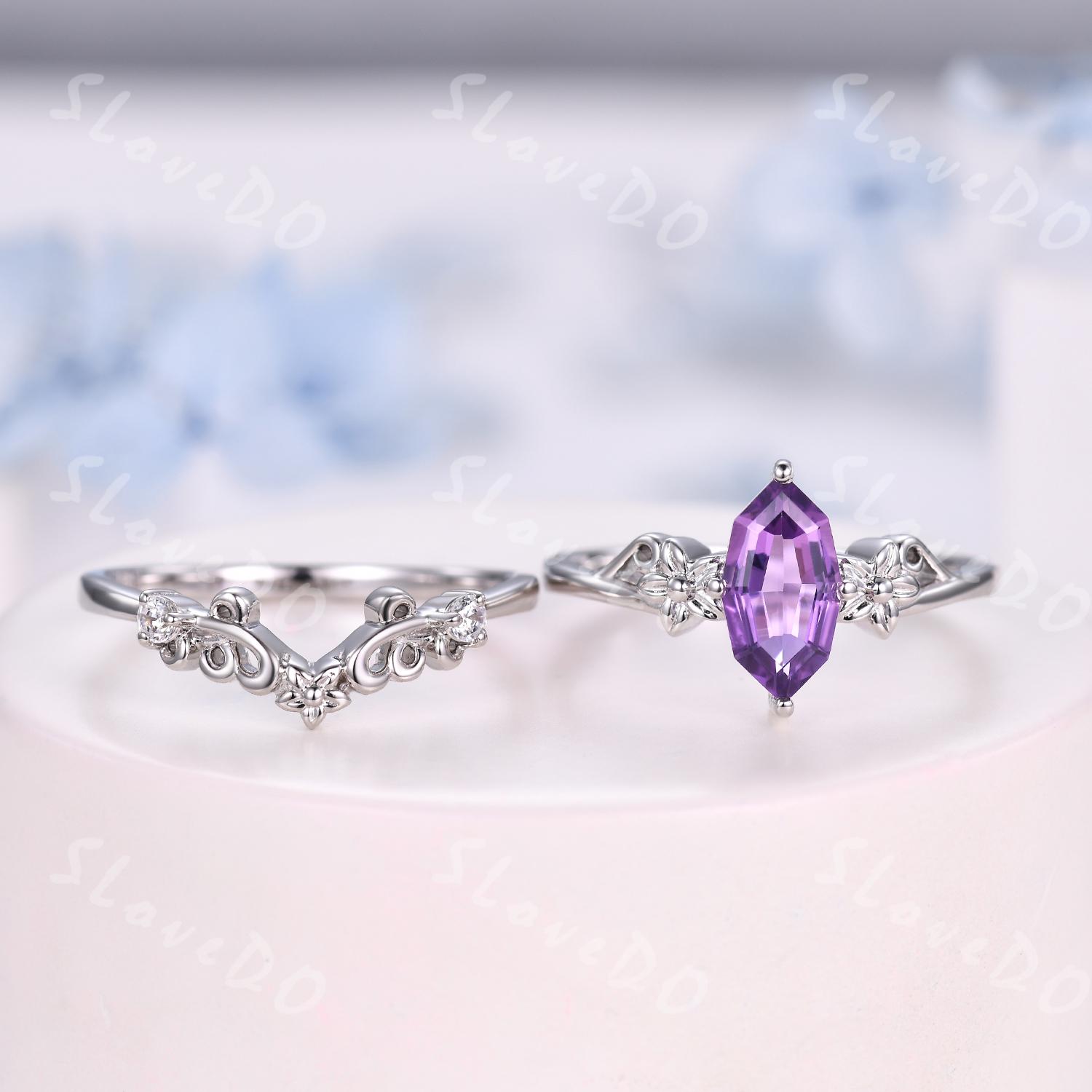 Vintage Marquise Amethyst Bridal Set: Floral Art Deco Wedding Rings - Etsy
